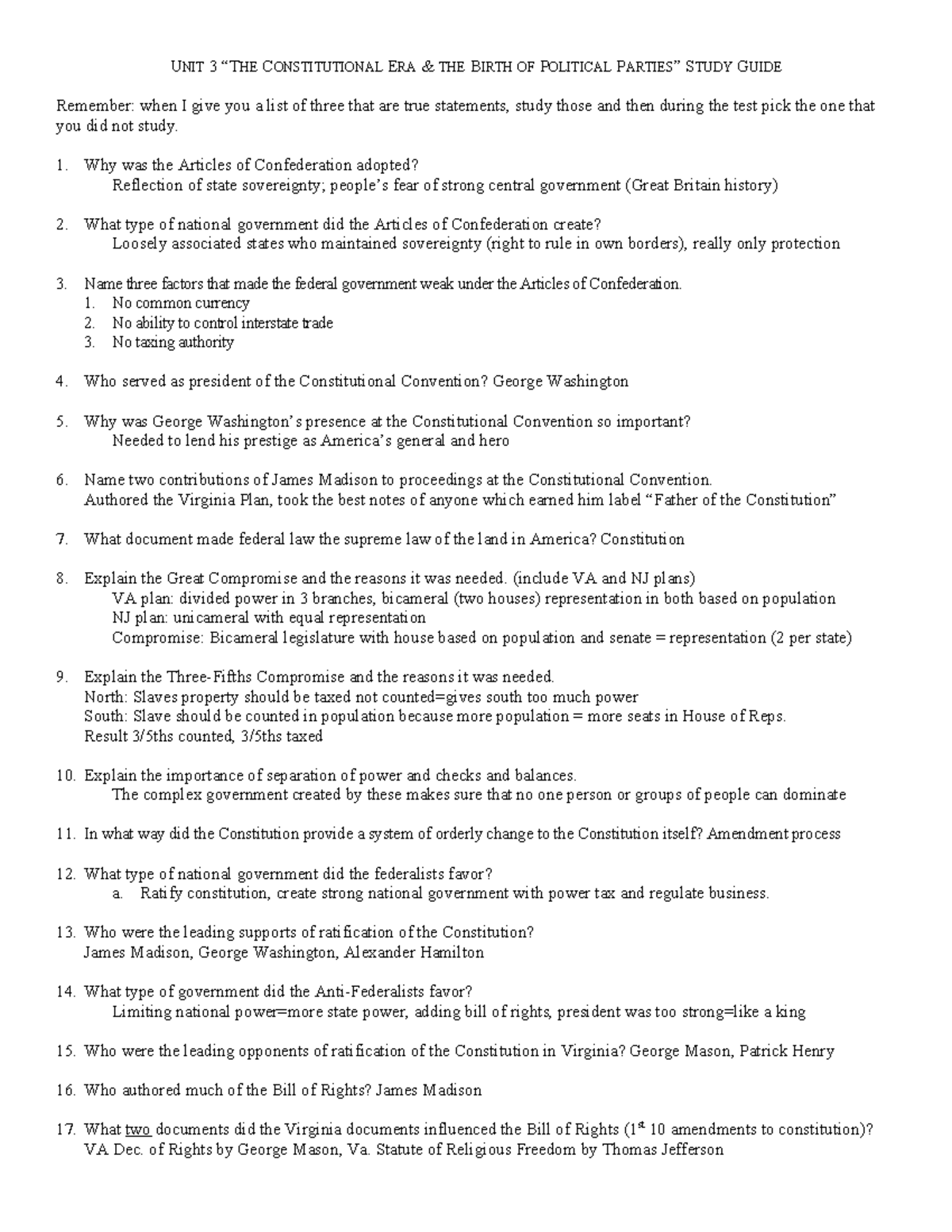 Study Guide - The Constitutional Era & the Birth of Political Parties WITH Answers-1 - UNIT 3 ...