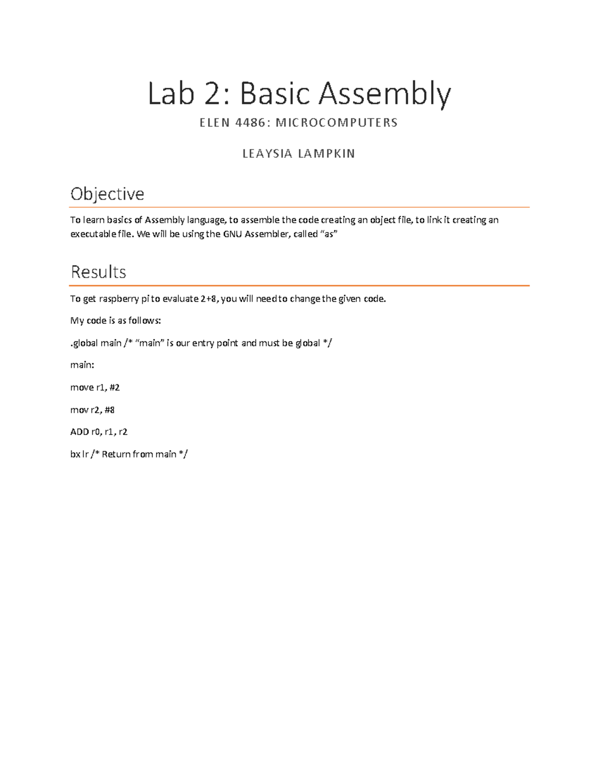 Lab 2 Report - Lab 2: Basic Assembly ELEN 44 86 : MI CR O CO MPUT ER S LEA Y S I A LA M PK I N ...