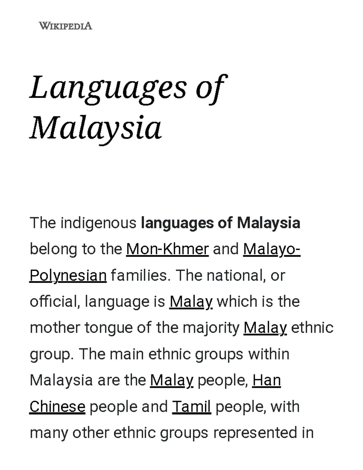 Languages of Malaysia - Wikipedia - Languages of Malaysia The ...