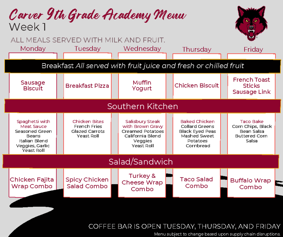 Carver 9 Menu 4 Week Cycle Menu - Week 1 Breakfast All served with ...