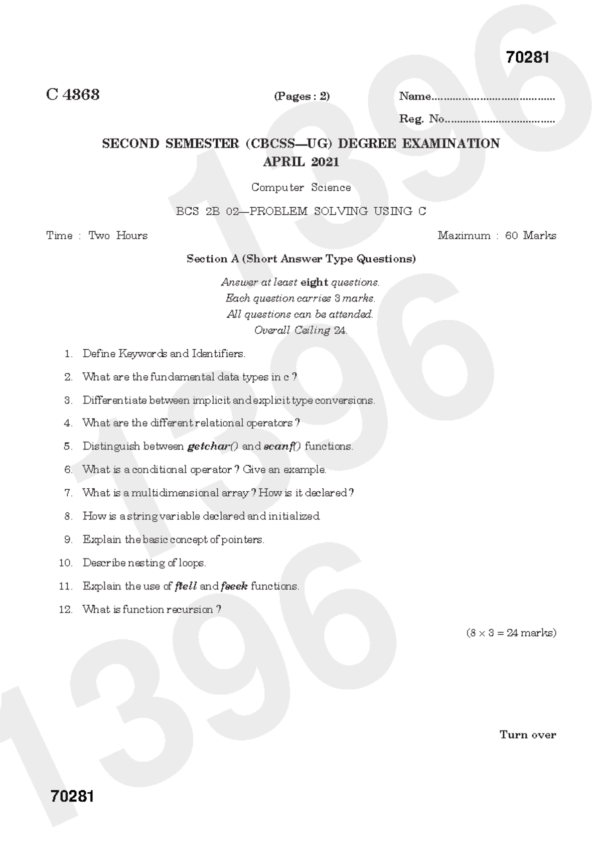 2021 BCS 2B 02 4363 Problem Solving Using C - Turn over C 4363 (Pages ...