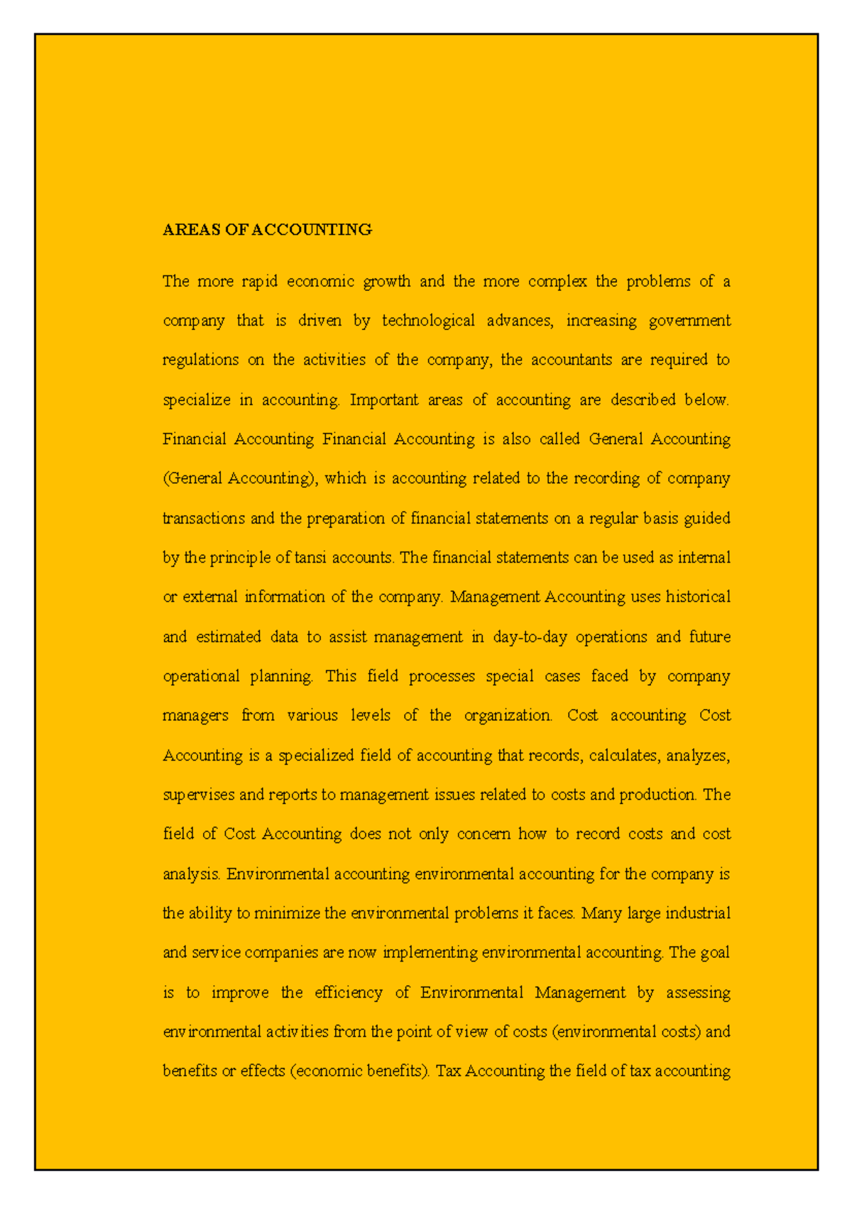 My Lecture Notes Accounting Areas Of Accounting Areas Of Accounting The More Rapid Economic