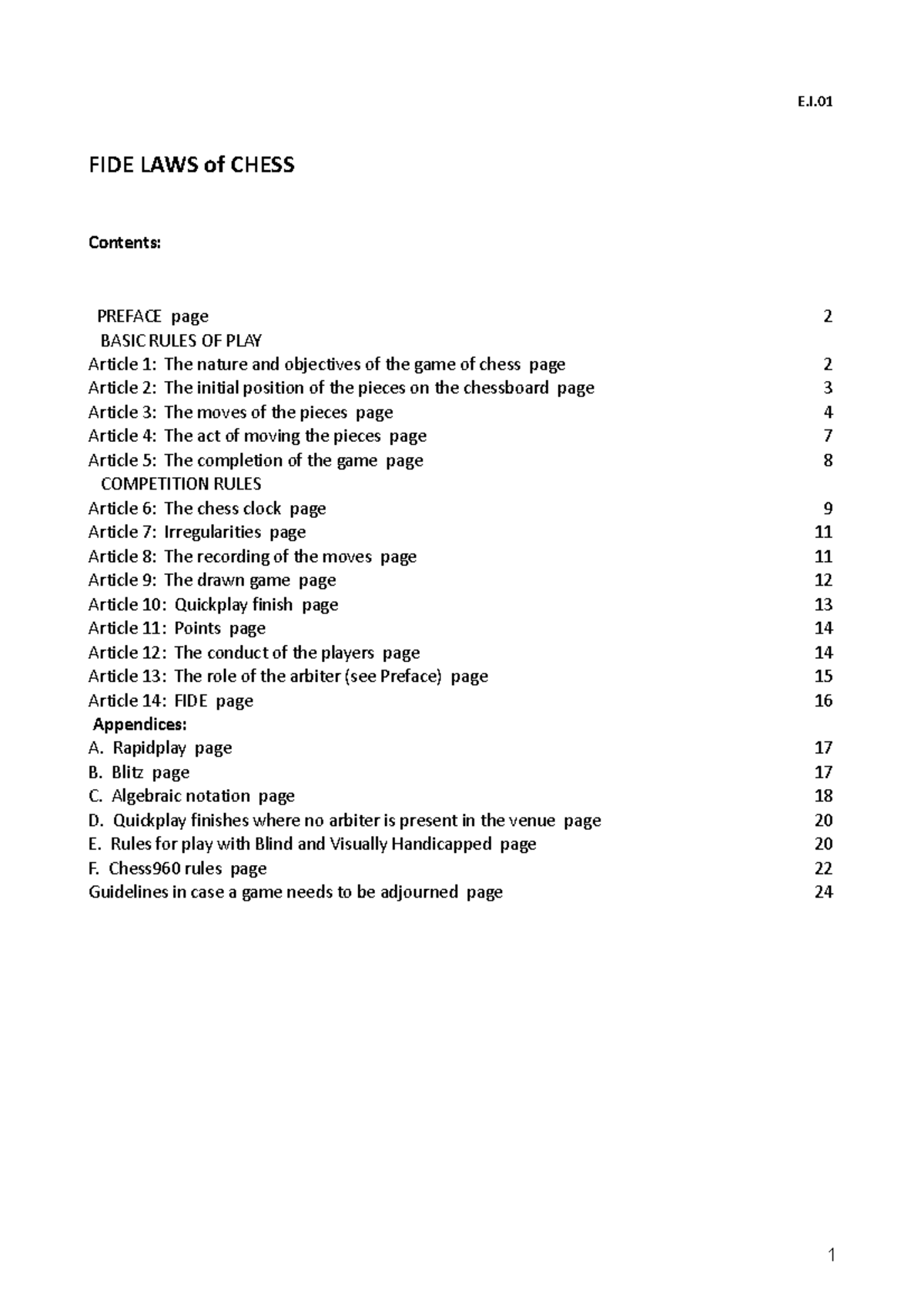 Laws Of Chess - none - FIDE LAWS of CHESS - E. PREFACE page Contents ...