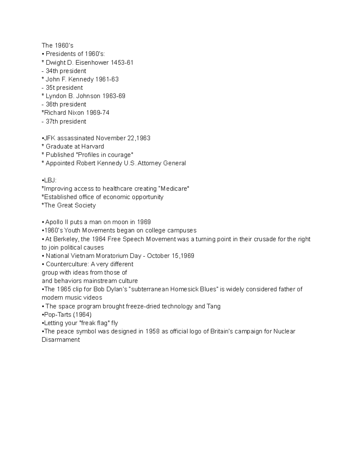 1960's - These notes were taken to help prep me for a 1960's quiz ...