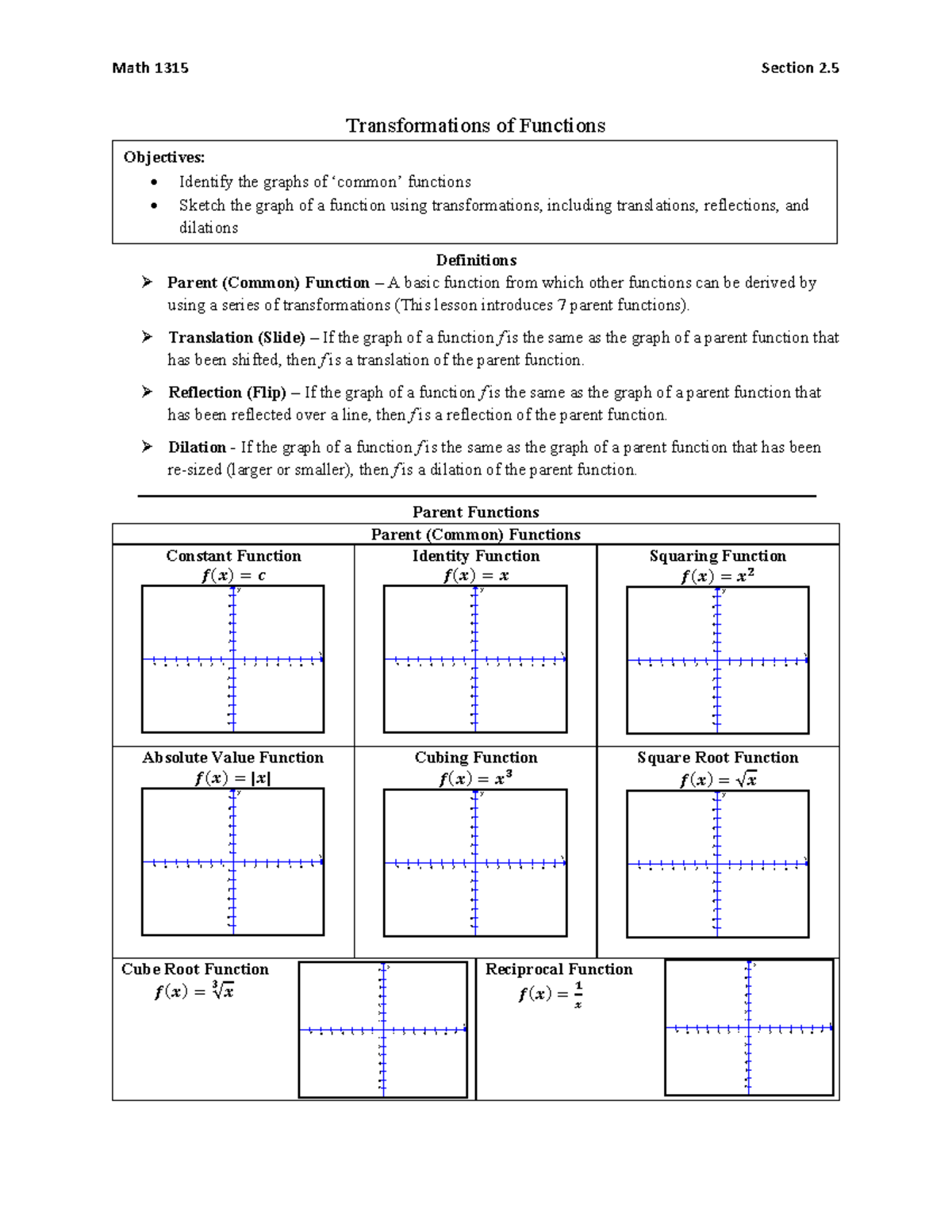 Section 2.5 Notes - Math 1315 Section 2. Transformations of Functions ...