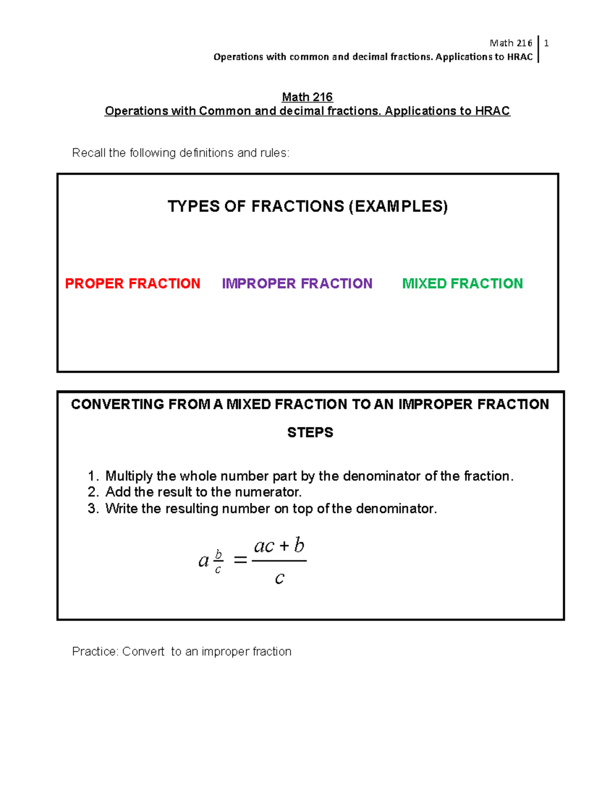 Math 216 - Operations with fractions. - Operations with common and ...