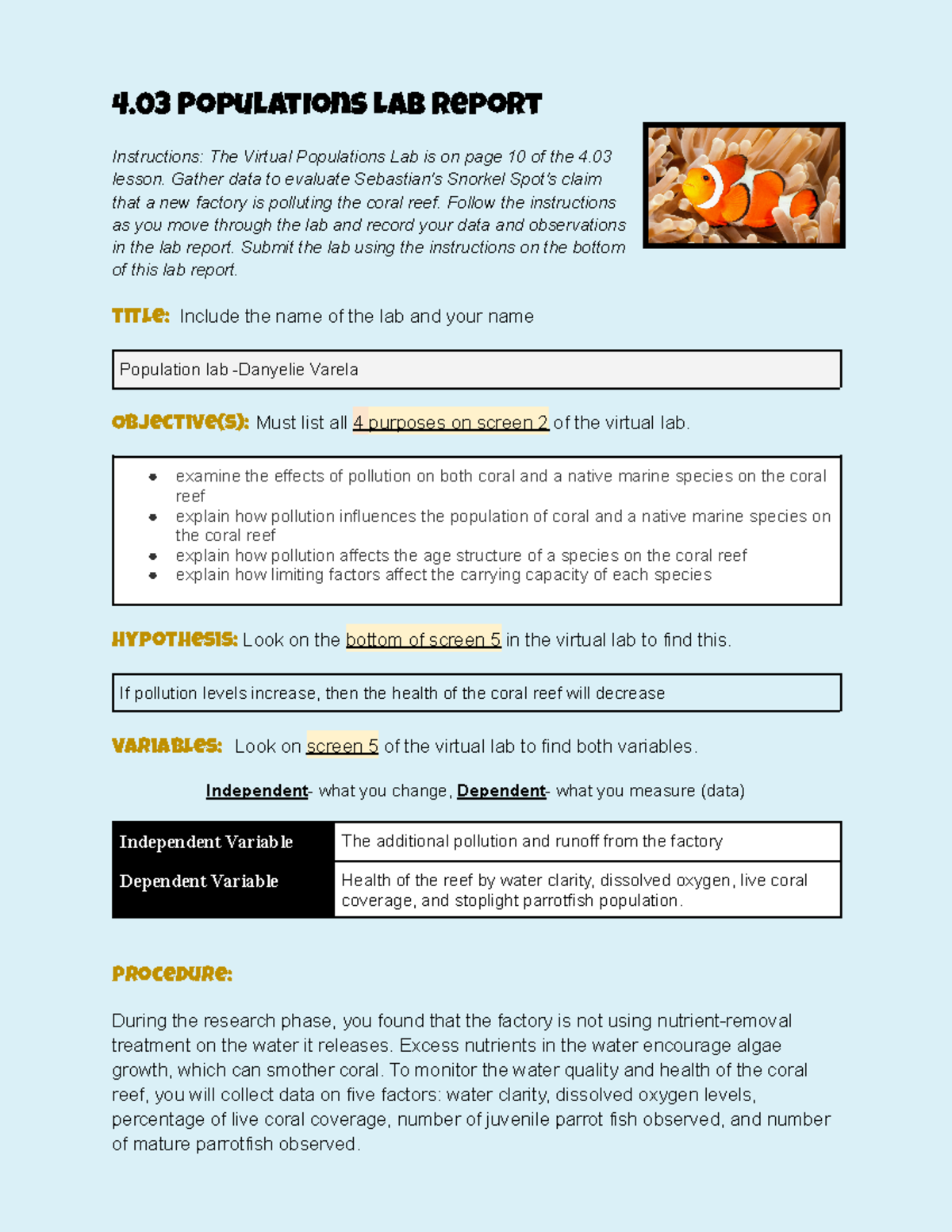 4.03 lab report - 4 Populations Lab Report Instructions: The Virtual ...
