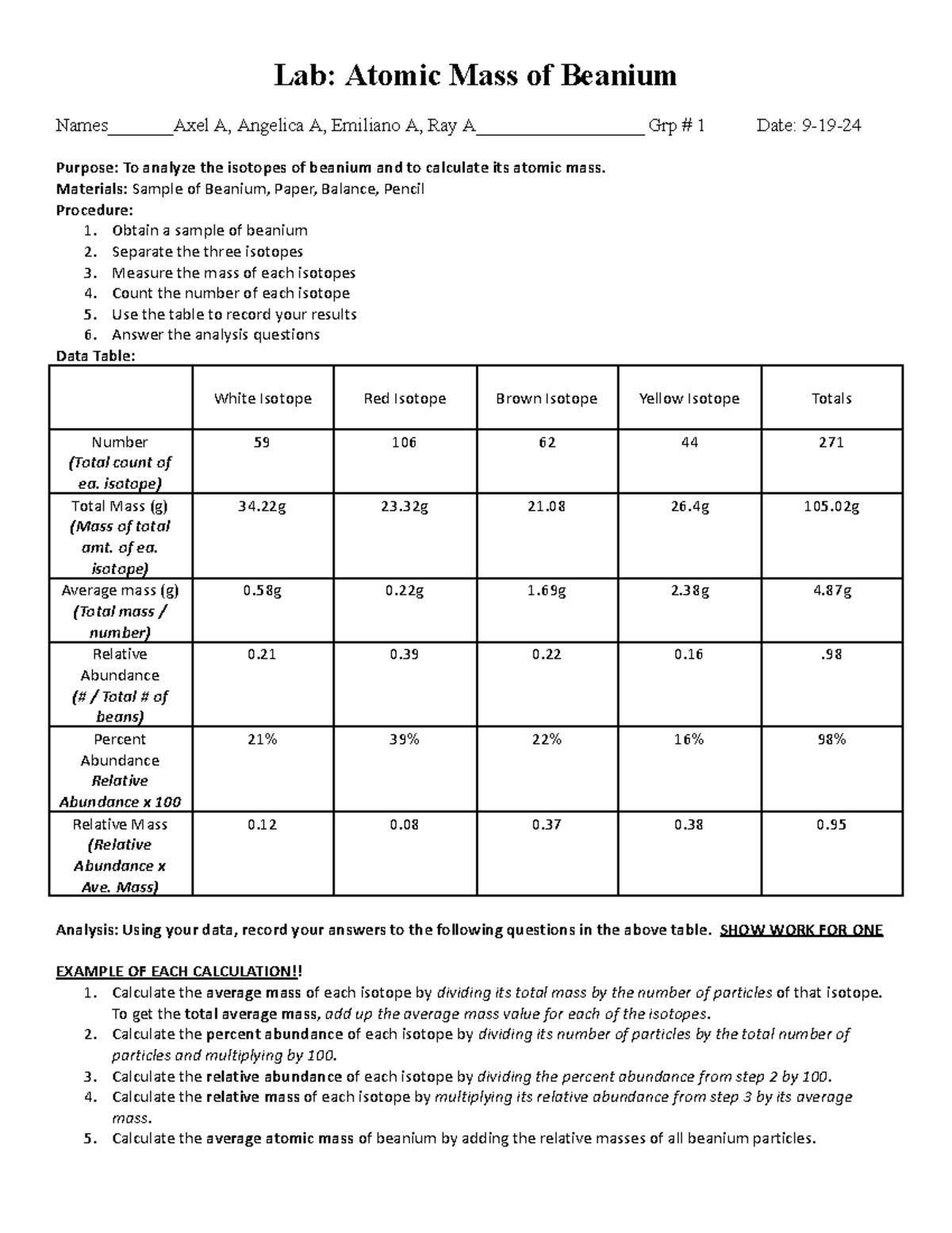 Beanium Lab 1 - frfvevue - Lab: Atomic Mass of Beanium Names_______Axel ...