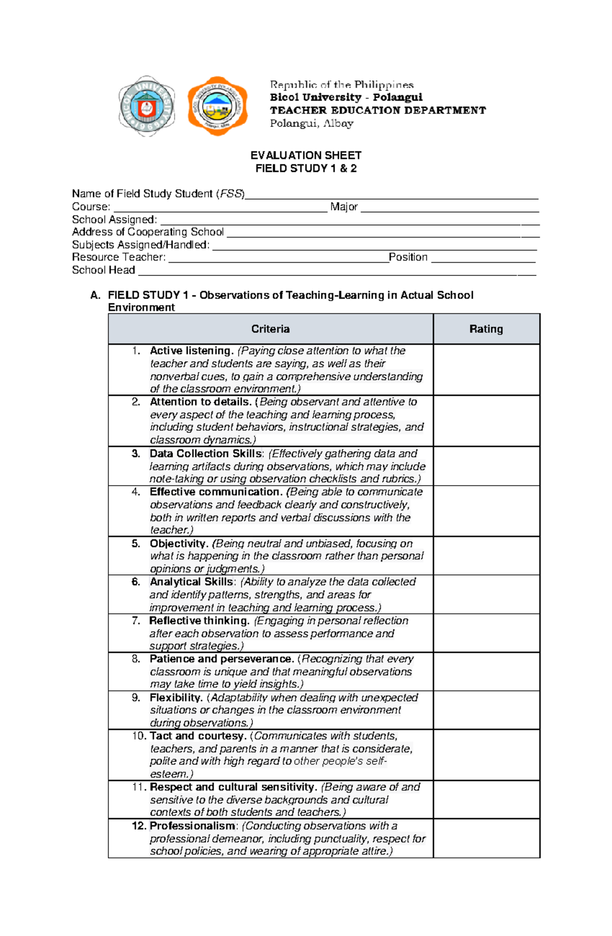 Evaluation sheet - EVALUATION SHEET FIELD STUDY 1 & 2 Name of Field ...