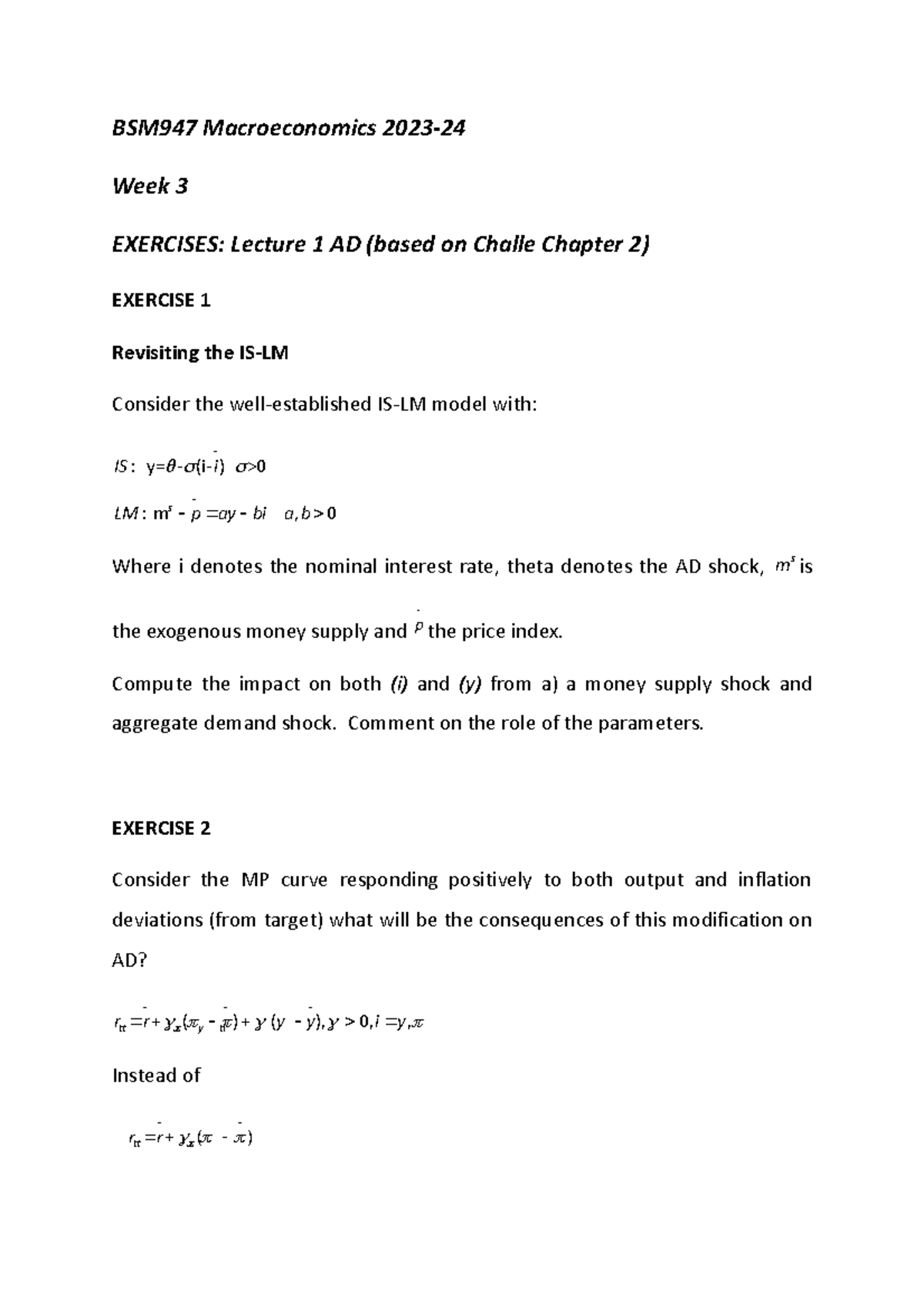 BSM947 Macroeconomics 2023 exercise 1 AD - BSM947 Macroeconomics 2023- Week 3 EXERCISES: Lecture ...