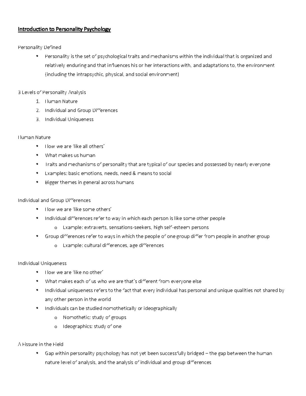 Lecture notes, lecture 1-6 - Introduction to Personality Psychology ...