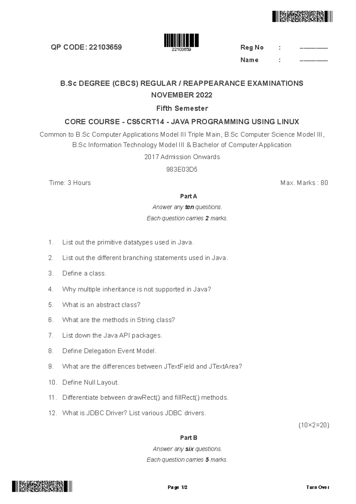 BCA5JPUL 2022 NOV JAVA Programming Using Linux - QP CODE: 22103659 Reg ...