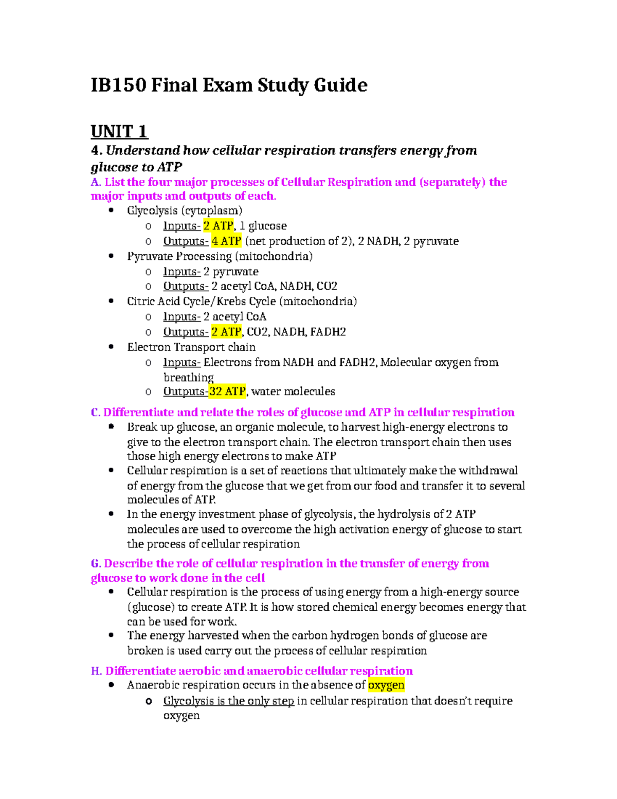 IB150 Final Exam Study Guide - Understand how cellular respiration ...