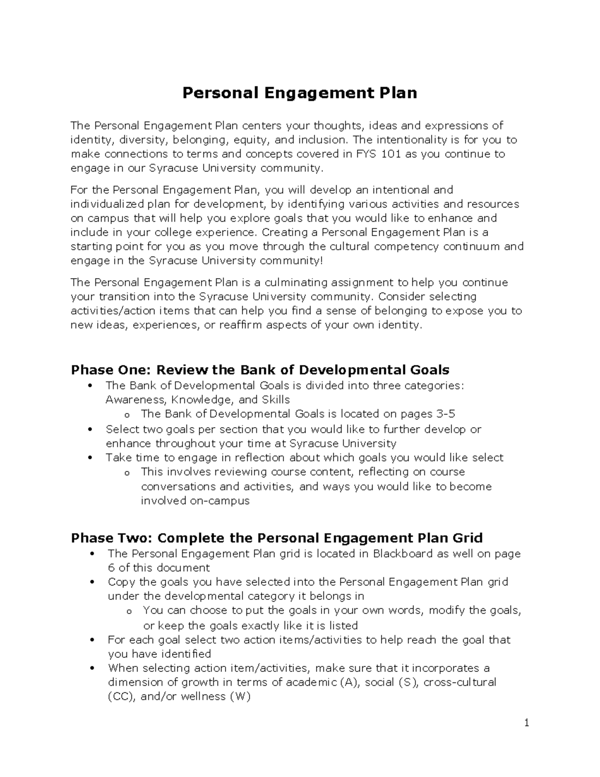 FYS 101 Personal Engagement Plan [Fall 2023] - Personal Engagement Plan ...