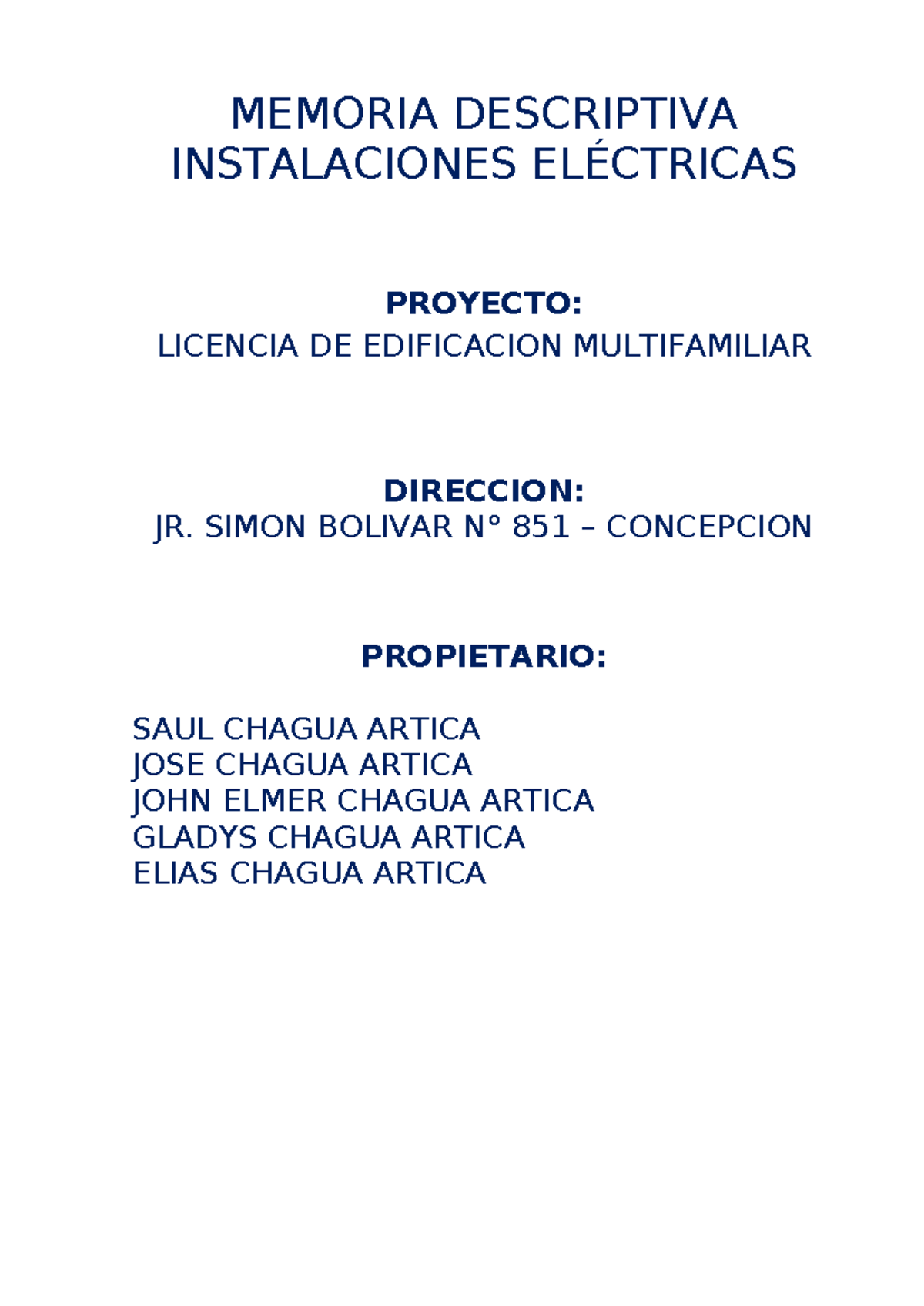 Memoria Electricas - MEMORIA DESCRIPTIVA INSTALACIONES ELÉCTRICAS PROYECTO: LICENCIA DE ...