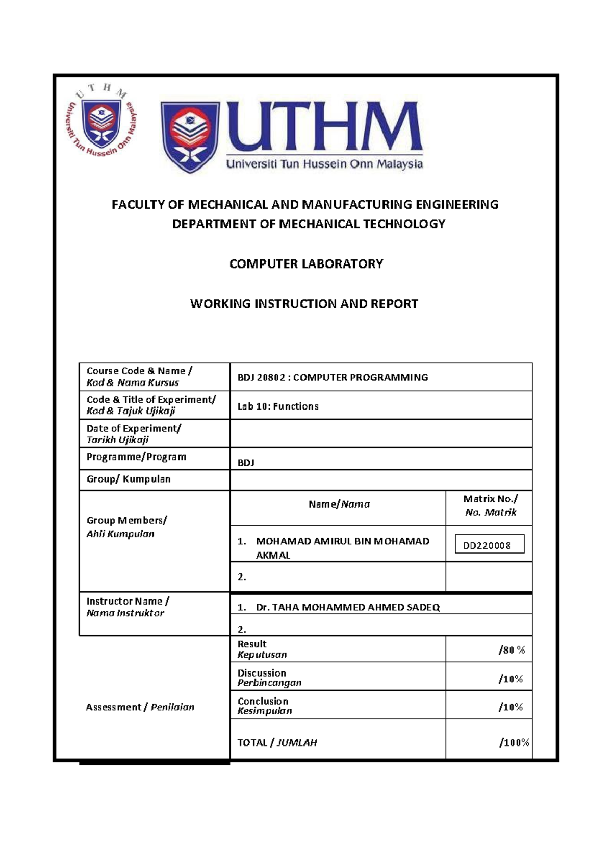 LAB 10 - FACULTY OF MECHANICAL AND MANUFACTURING ENGINEERING DEPARTMENT OF MECHANICAL TECHNOLOGY ...
