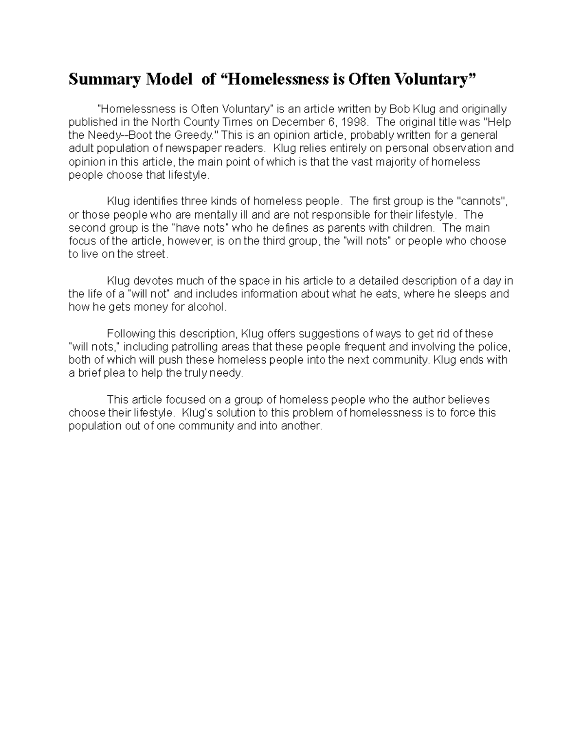 Summary Model homelessness - Summary Model of “Homelessness is Often ...