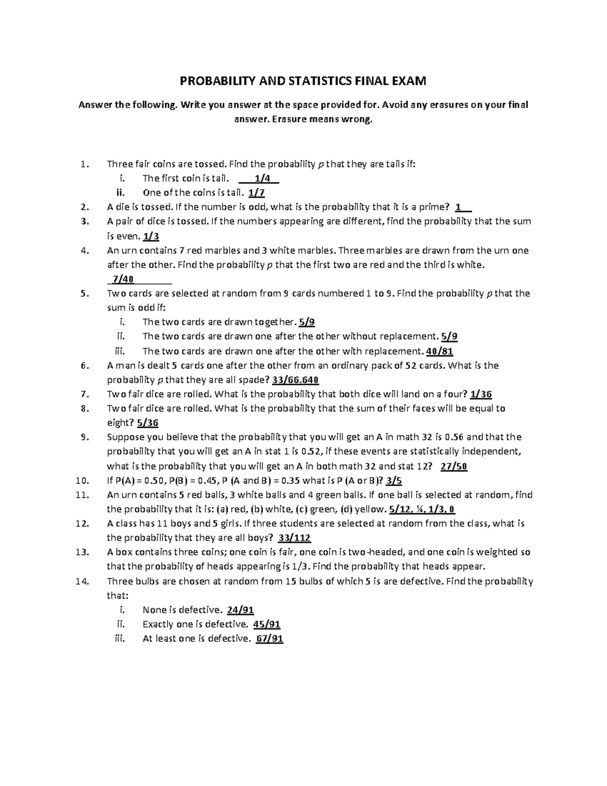 Probstat exam solution - PROBABILITY AND STATISTICS FINAL EXAM Answer ...