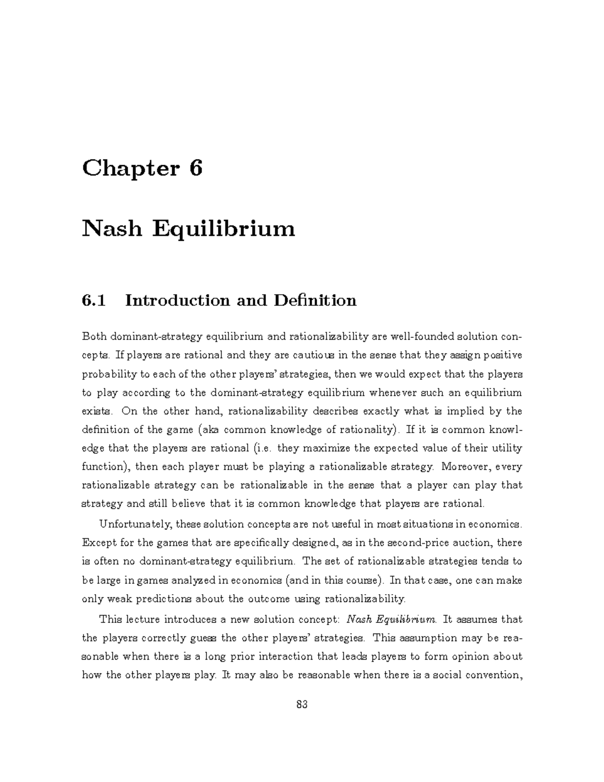 NE 1 - game theory - Chapter 6 Nash Equilibrium 6 Introduction and ...