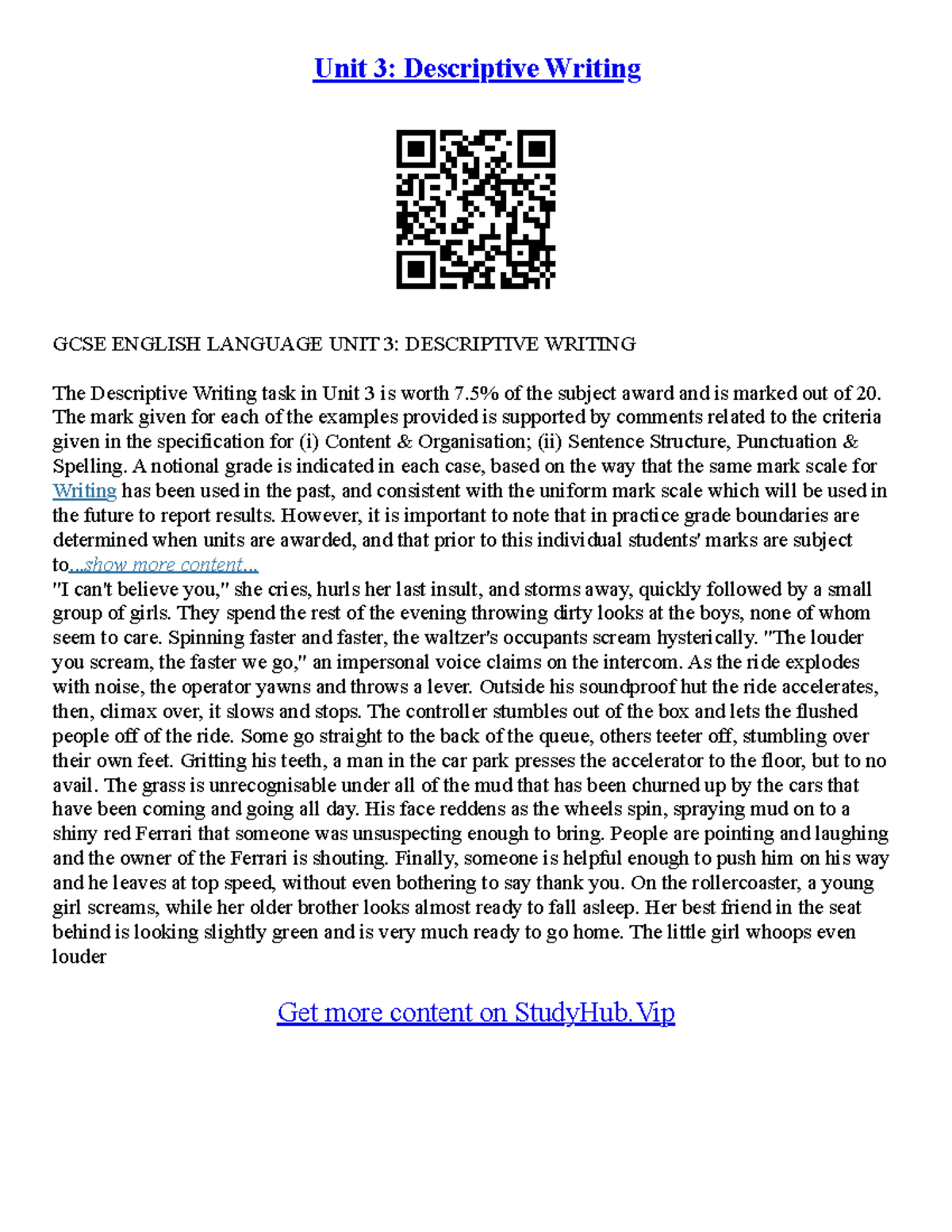 Writing Descriptive Essays - Unit 3: Descriptive Writing GCSE ENGLISH ...