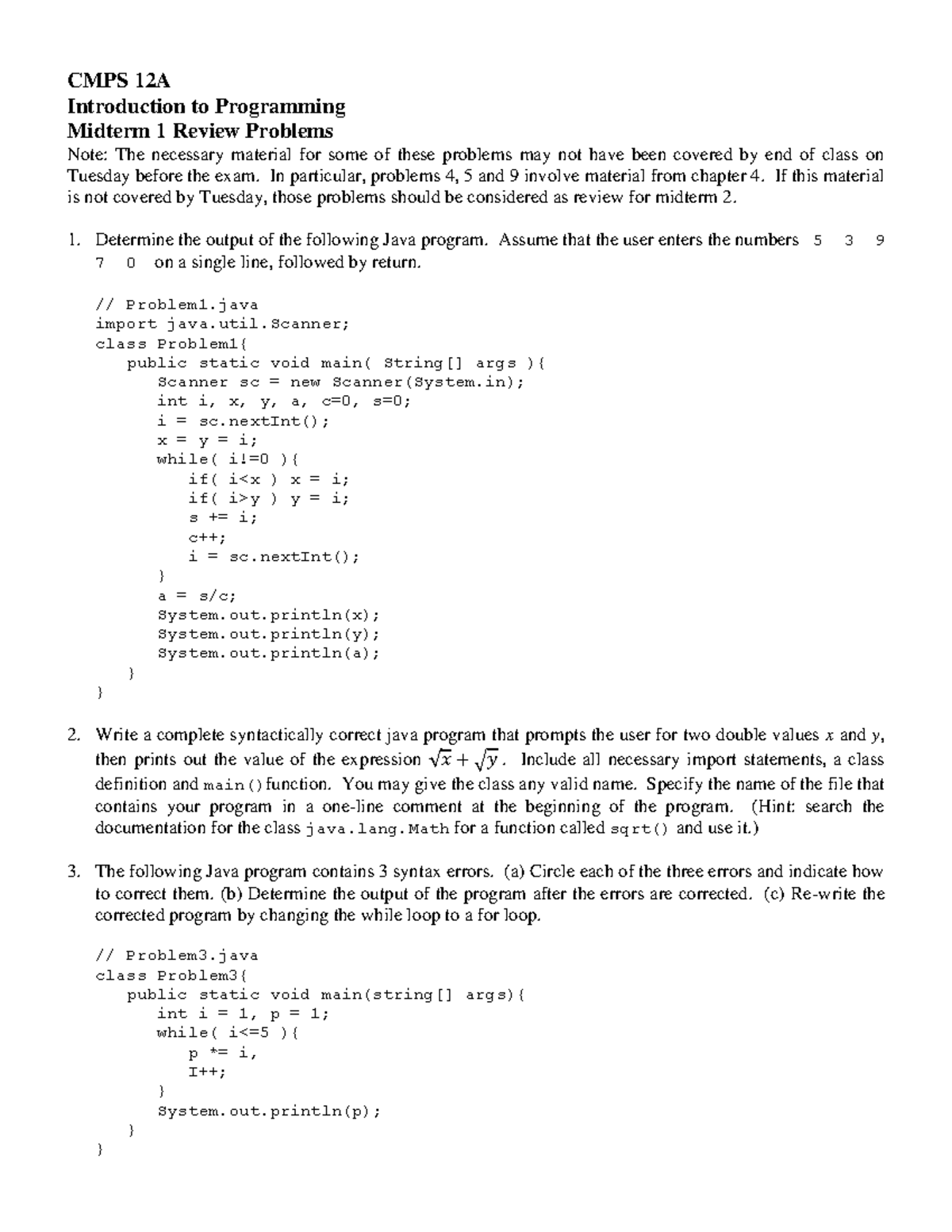 Review 1 - Summary Intro Program (Accel) - CMPS 12A Introduction to Programming Midterm 1 Review ...