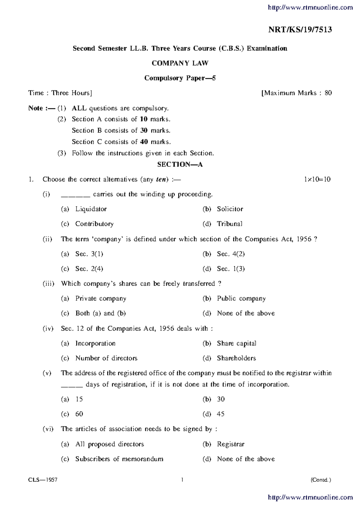 Company winter 2019 - rtmnu llb sem 2 university question - NRT/KS/19 ...