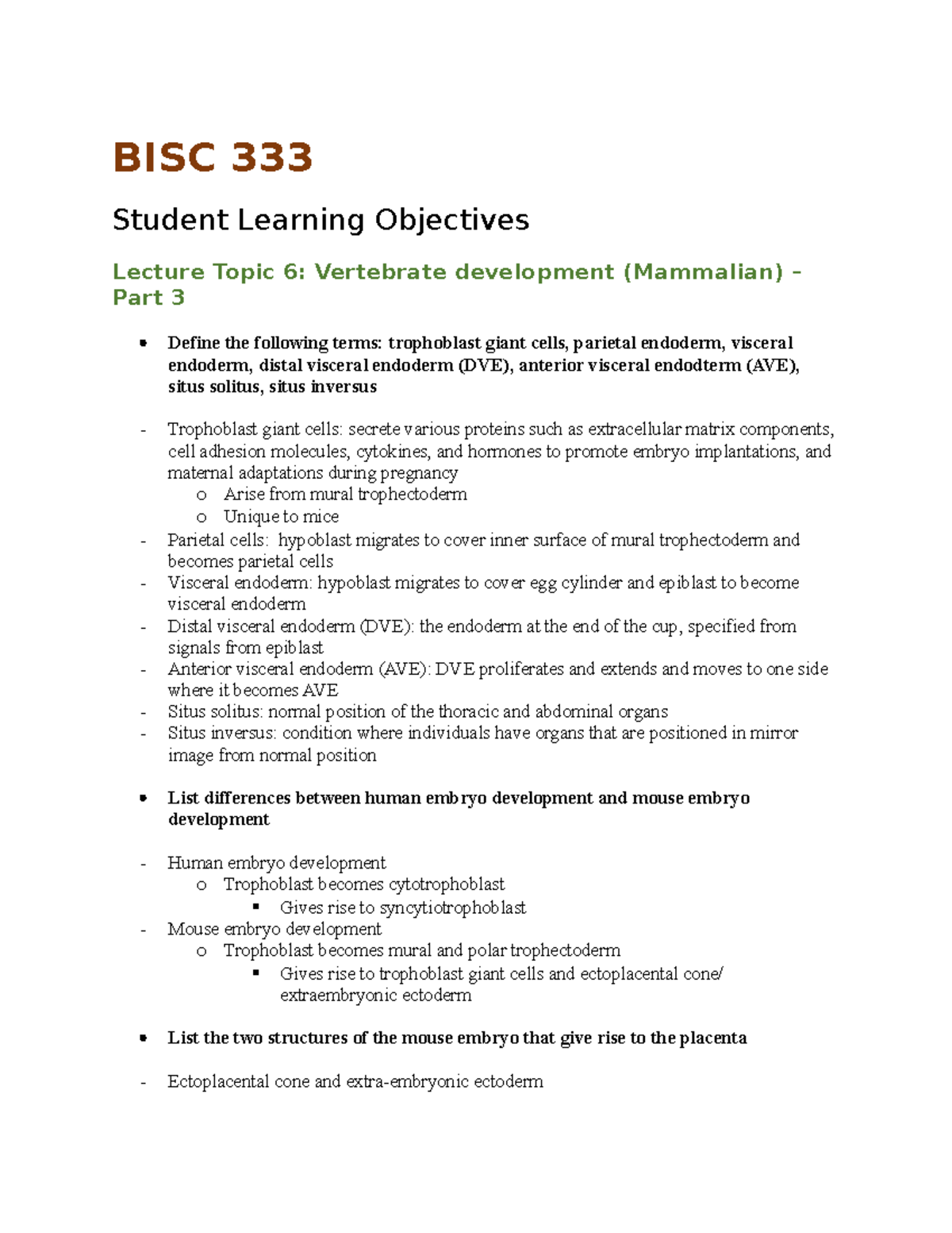 BISC 333 LO mammalian development part 3 - BISC 333 Student Learning ...