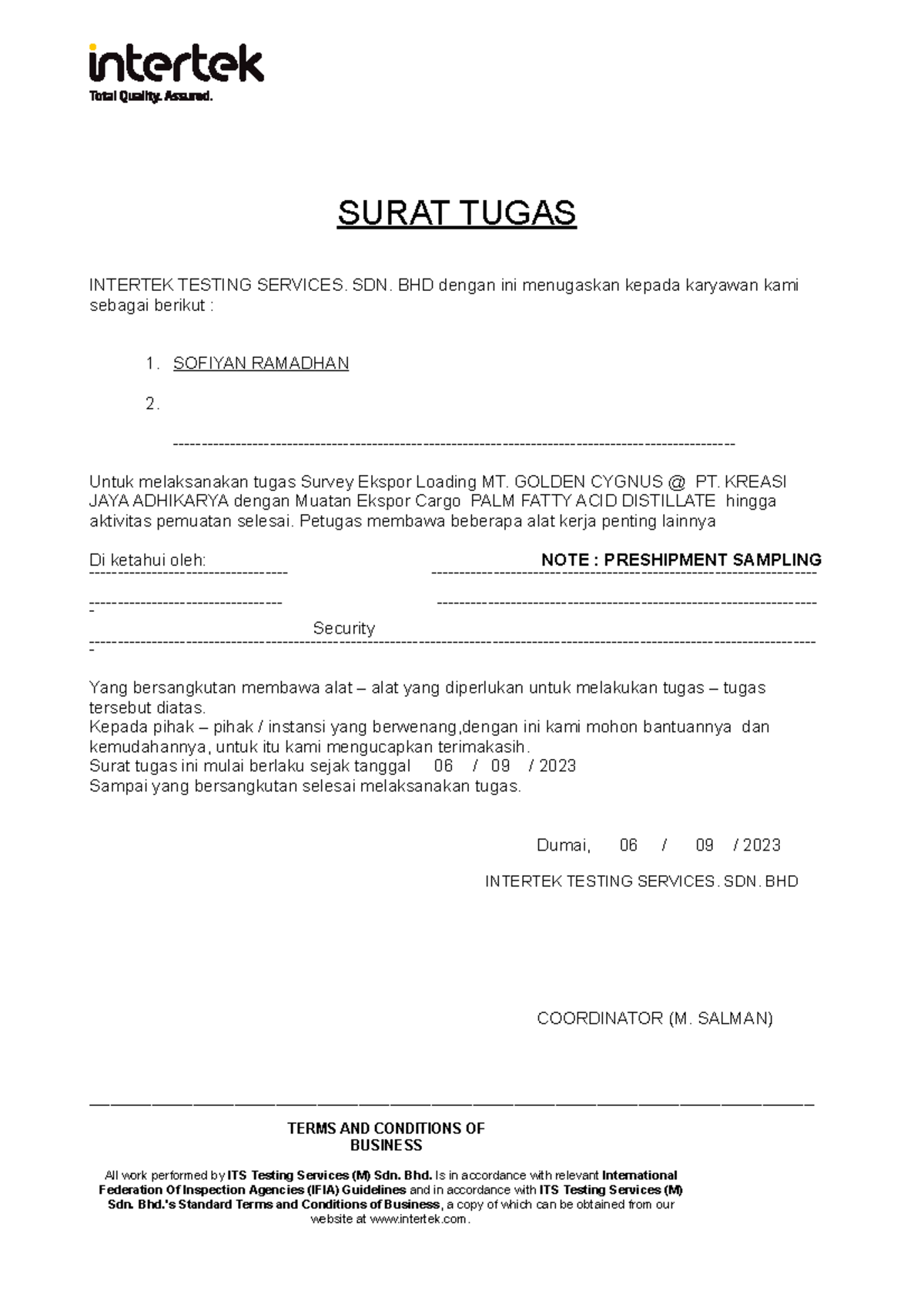 Surat Tugas ITS - dfadafadfa - SURAT TUGAS INTERTEK TESTING SERVICES ...