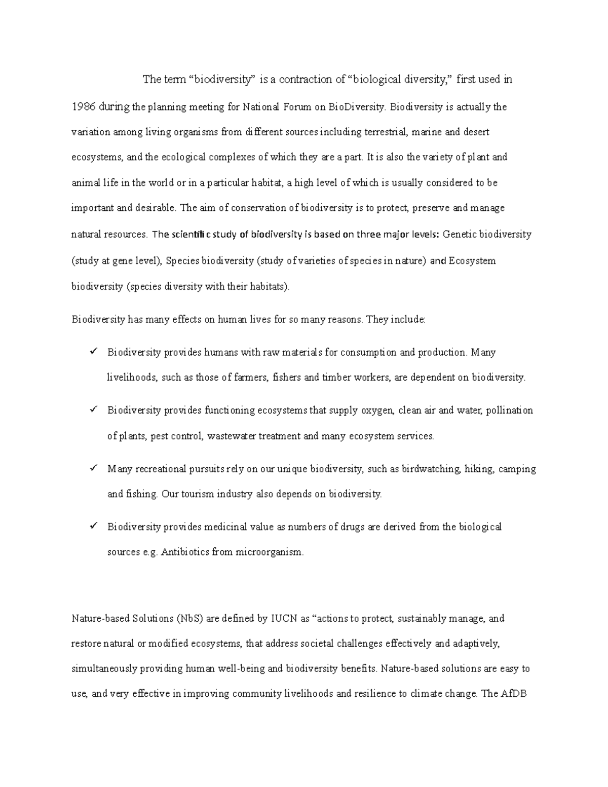 Biodiversity Assignment - The term “biodiversity” is a contraction of ...