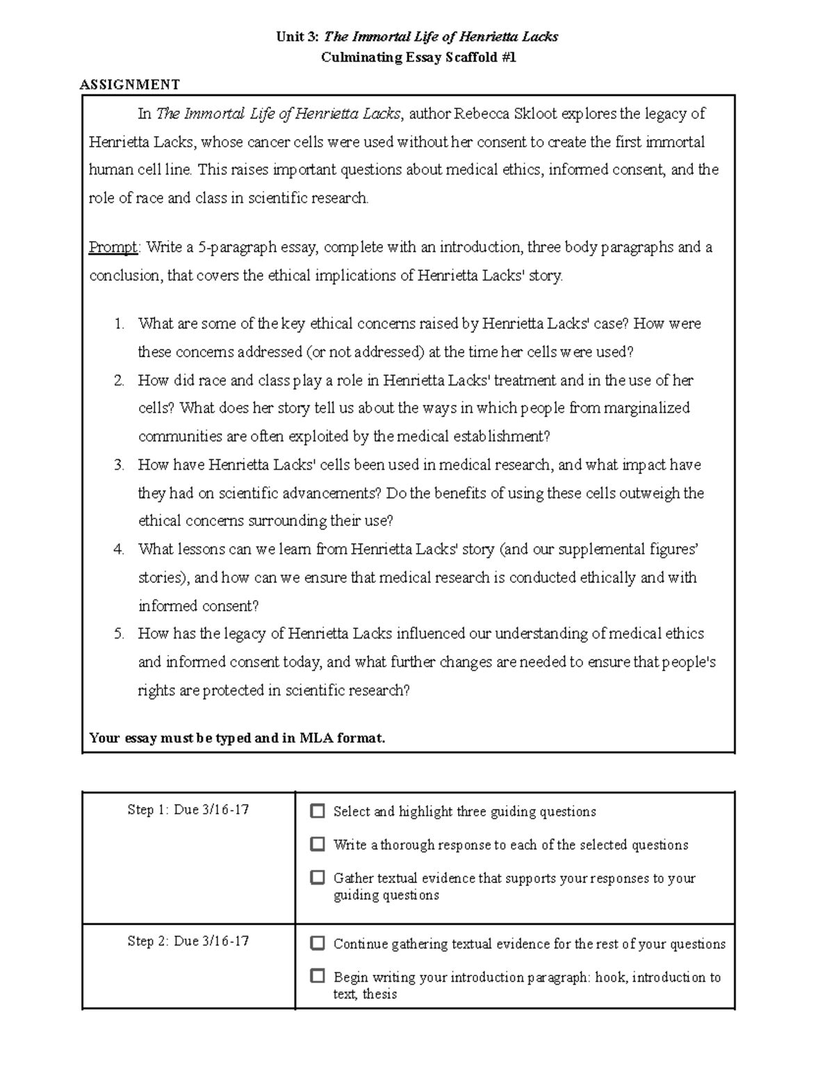 Unit 3 The Immortal Life of Henrietta Lacks Culminating Task Scaffold 1 ...