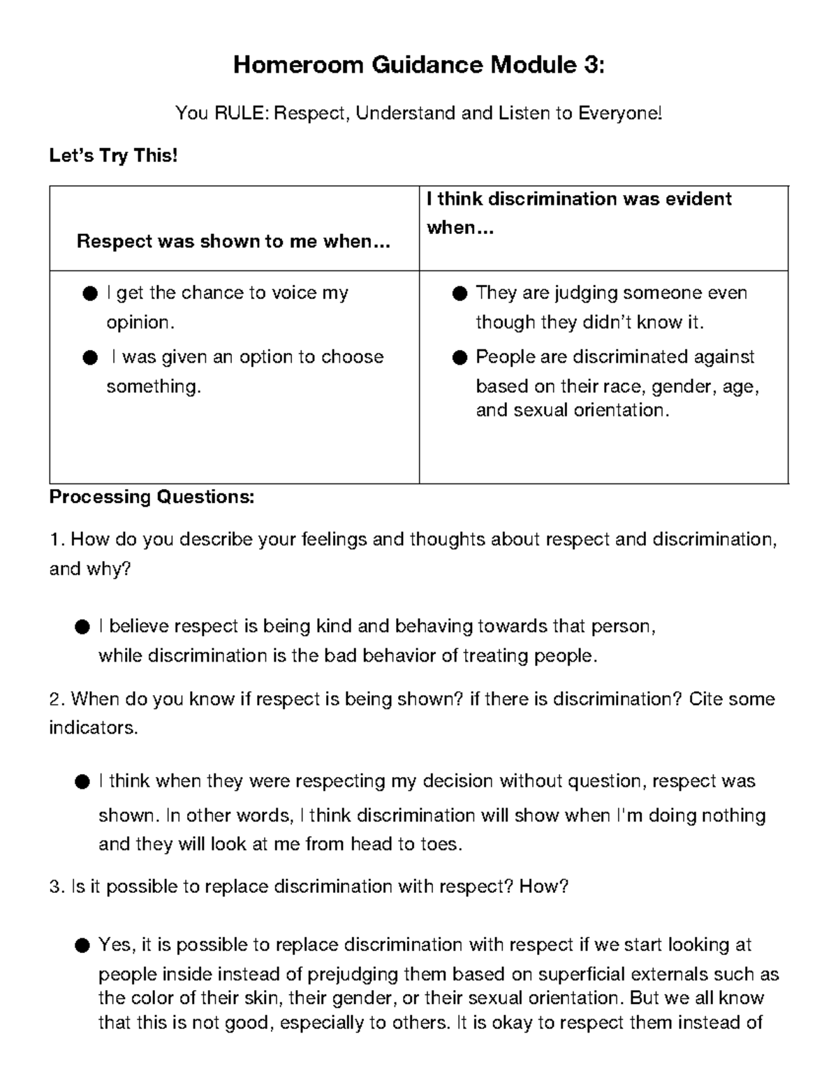 HGP Module 3 - Homeroom Guidance Module 3: You RULE: Respect ...