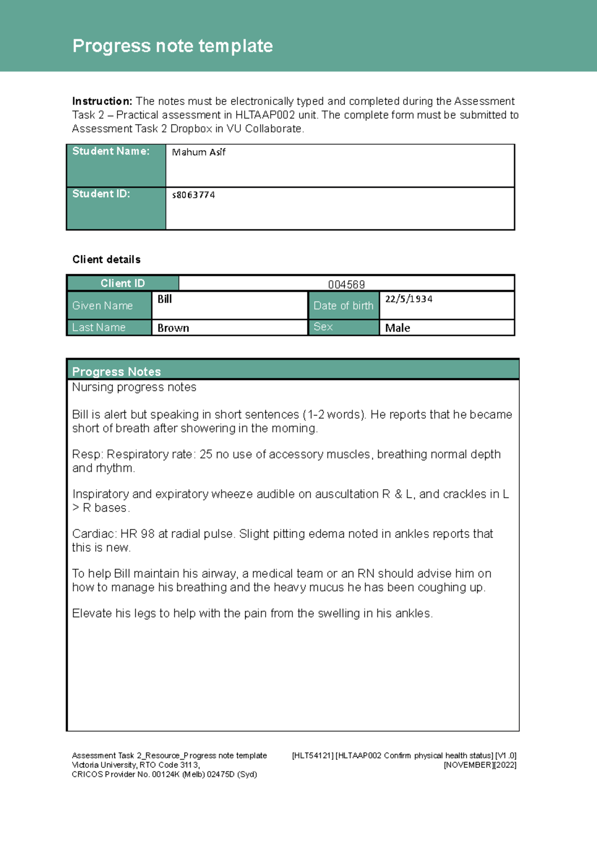 Assessment Task 2 Resource Progress note Hltaap 002 - Progress note ...