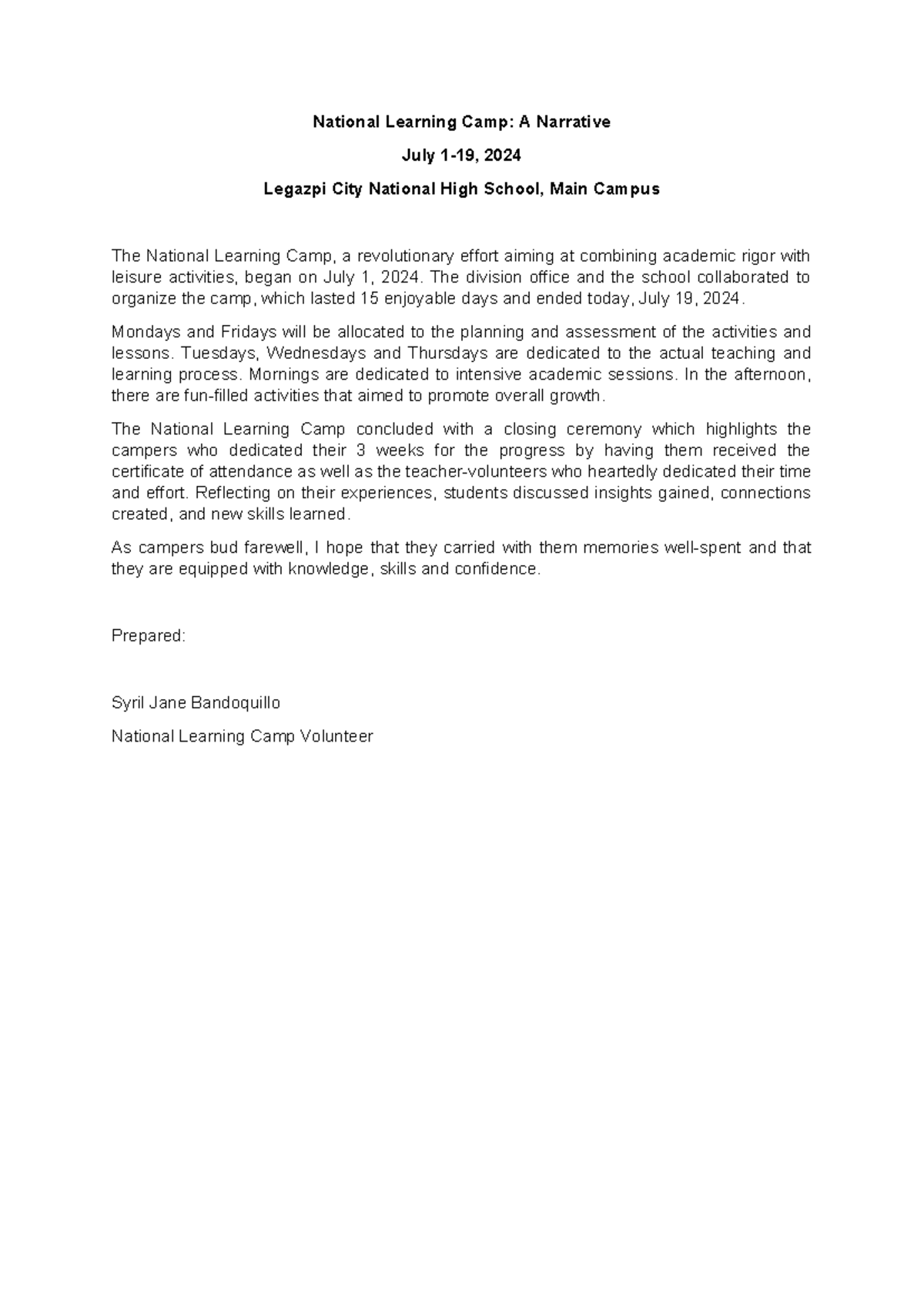 National Learning Camp - The division office and the school ...