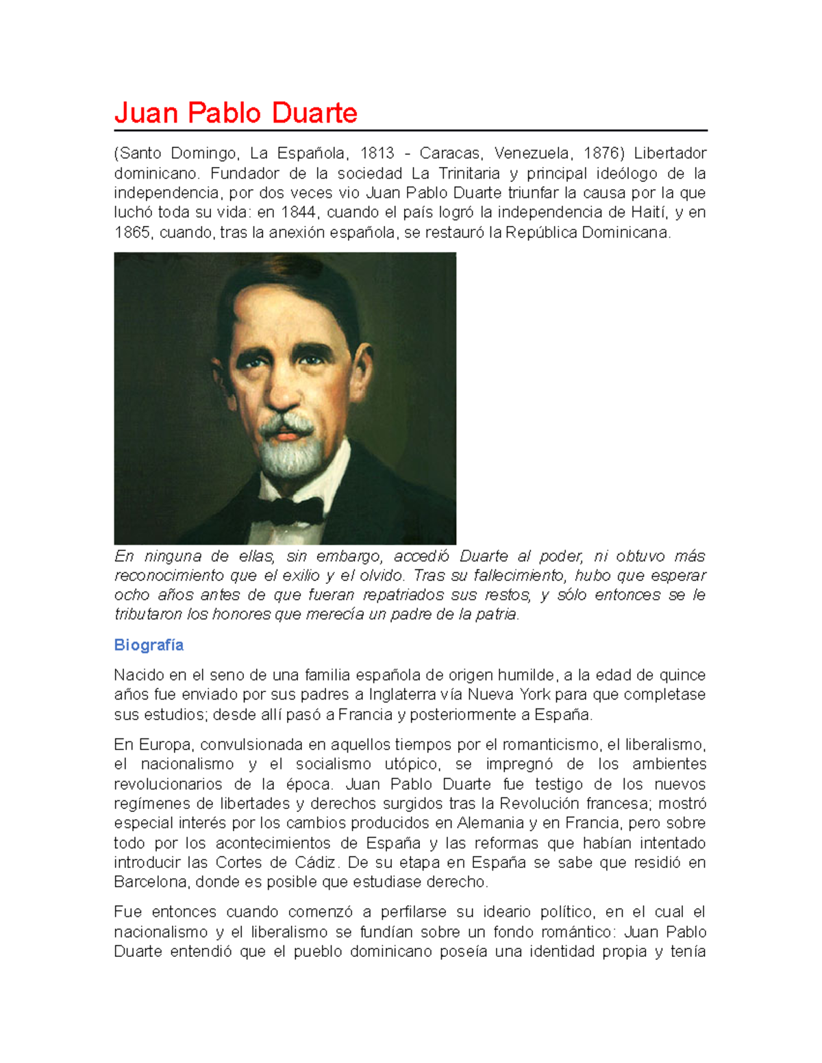Biografia DE Duarte - RESUMEN - Juan Pablo Duarte (Santo Domingo, La ...