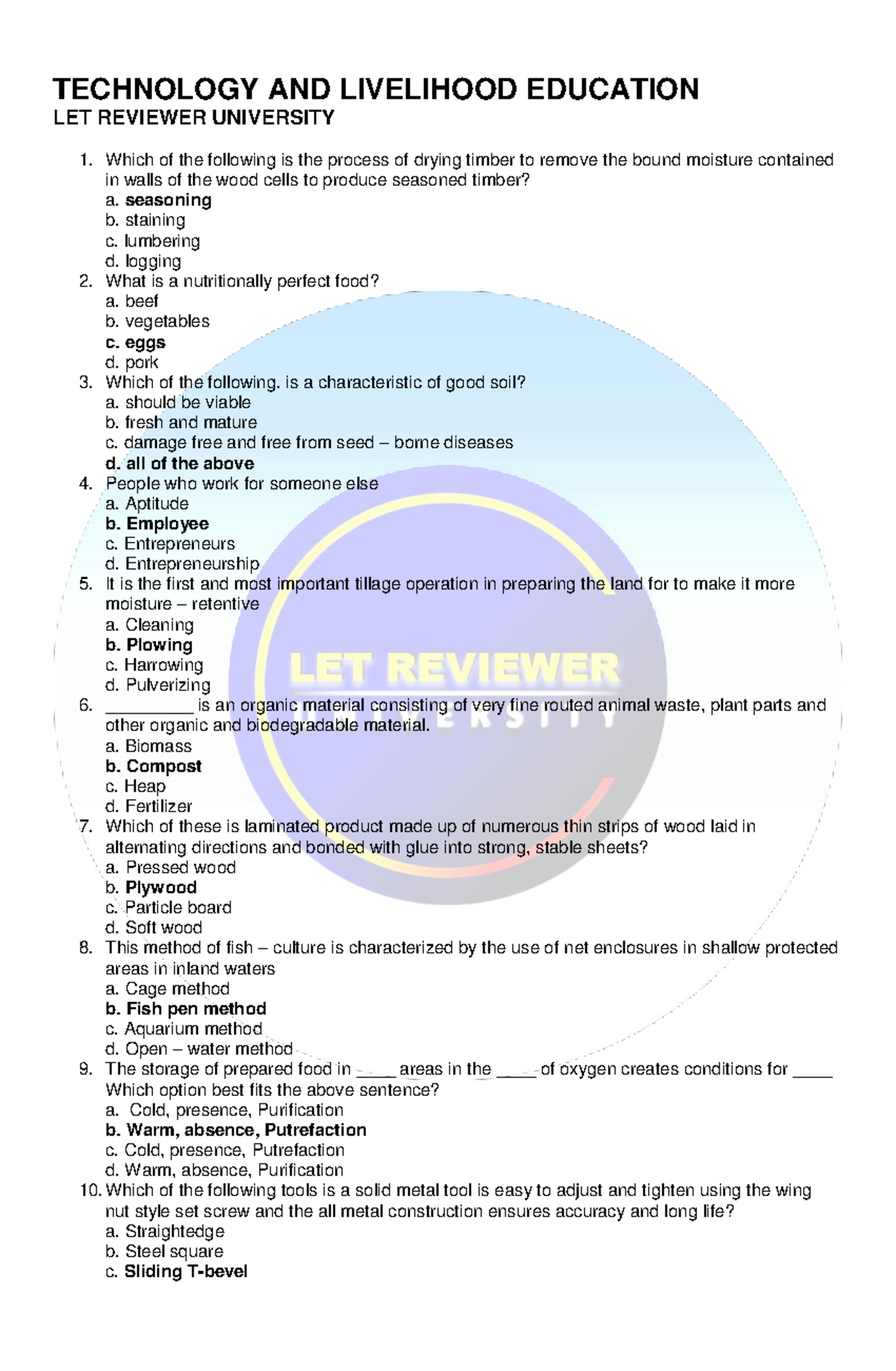 TLE- Reviewer-A - derek - TECHNOLOGY AND LIVELIHOOD EDUCATION LET ...