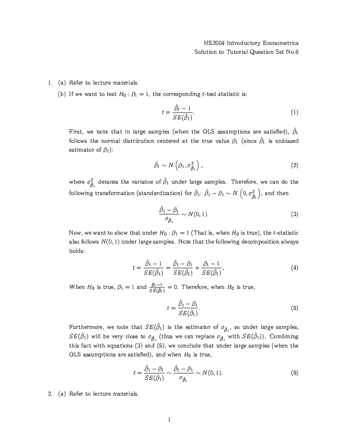 HE2004 2020 Solution Question 6 - HE2004 Introductory Econometrics Solution to Tutorial Question ...