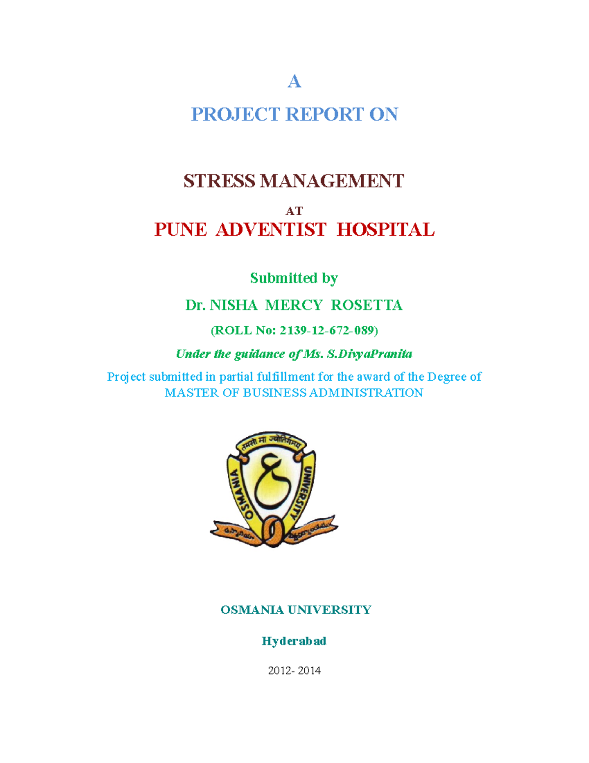 Front pages-89 - A PROJECT REPORT ON STRESS MANAGEMENT AT PUNE ...