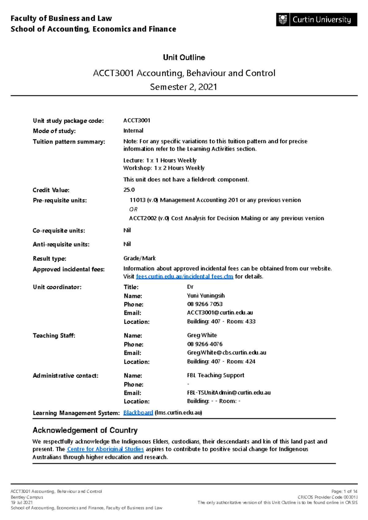 ACCT3001 Accounting, Behaviour and Control Semester 2 2021 Bentley ...