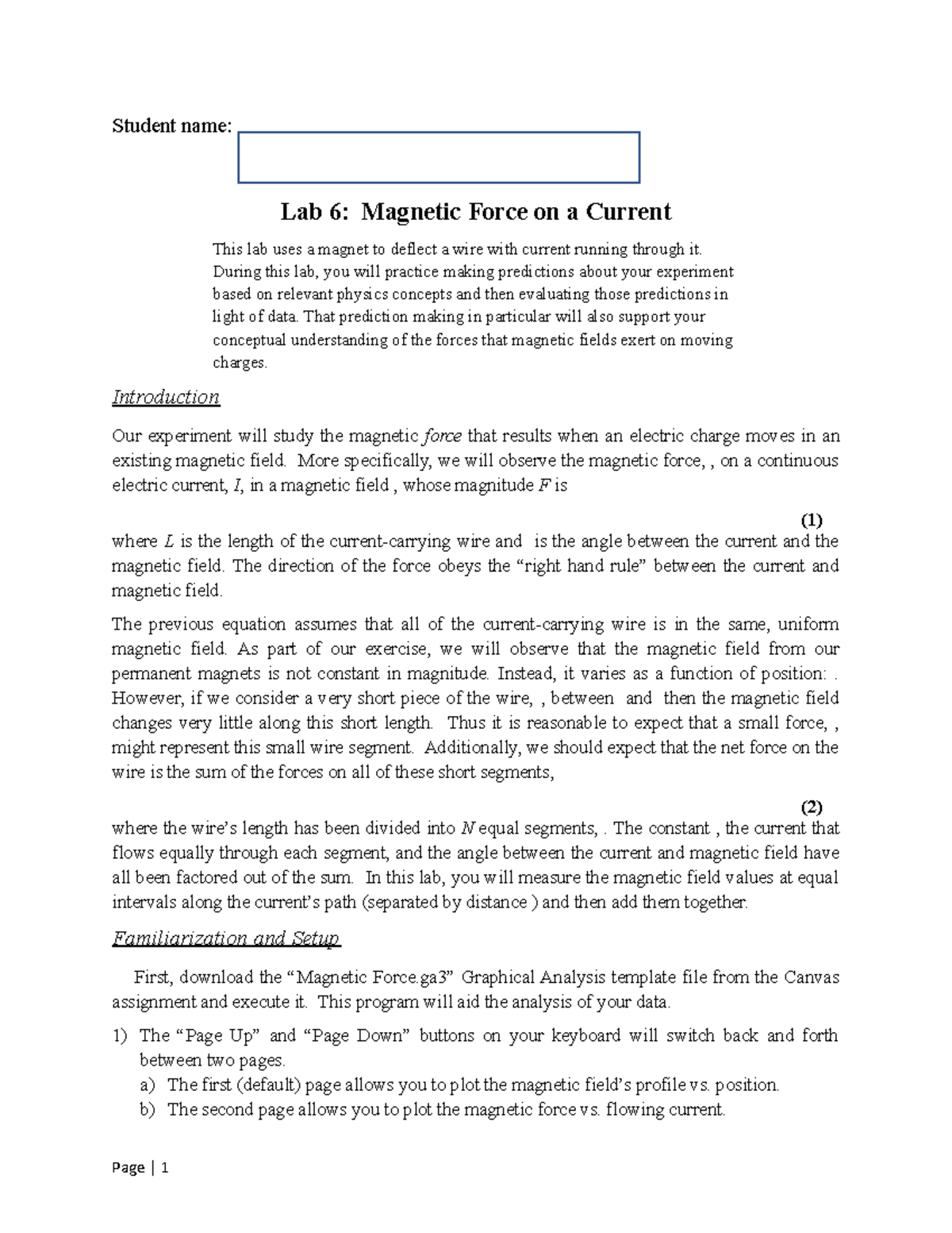 26Magnetic Force - Lab assignment - Student name: Lab 6: Magnetic Force ...