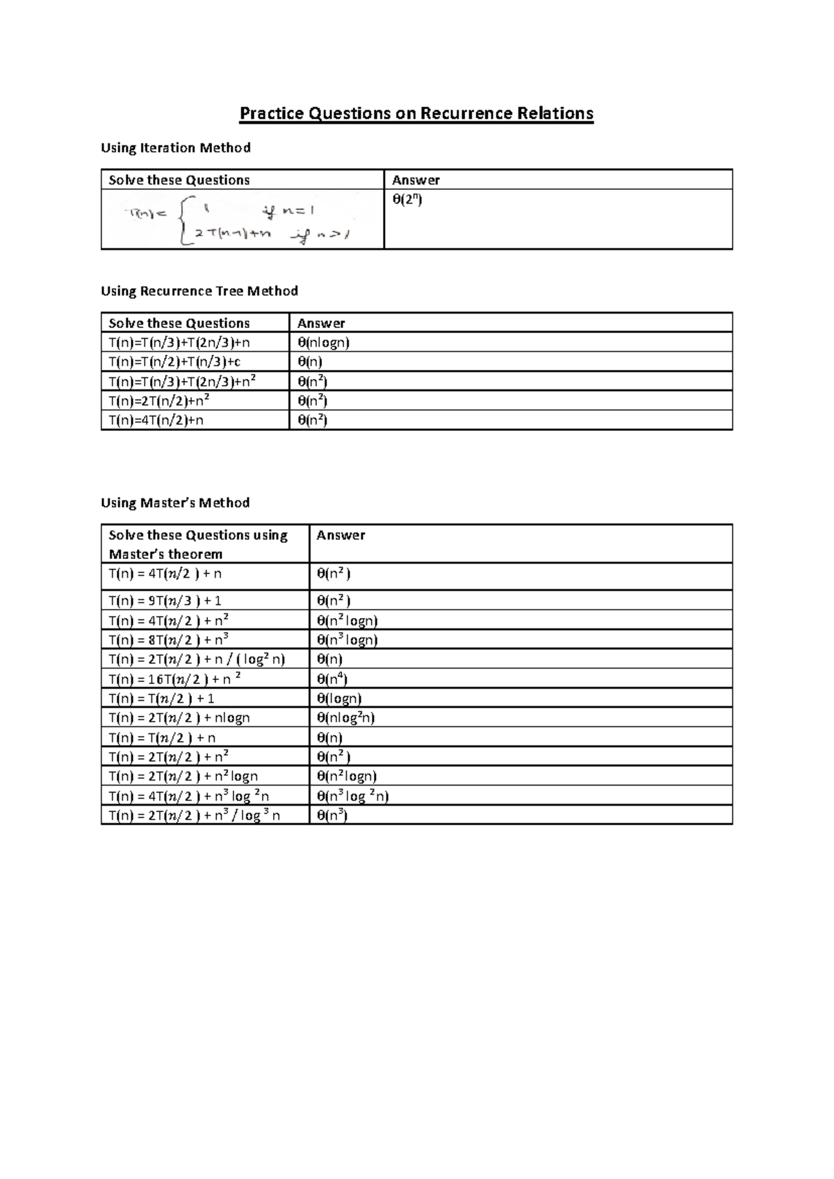 Practice Questions on Recurrence - Studocu