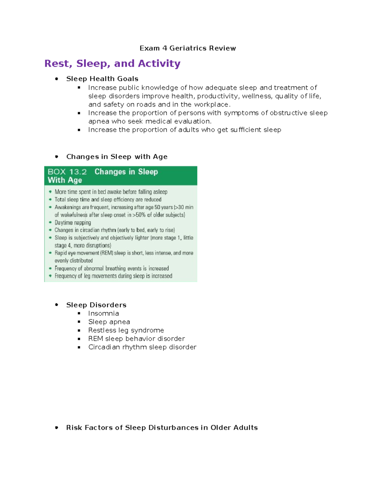 Exam 4 Geriatrics Review - Exam 4 Geriatrics Review Rest, Sleep, and ...