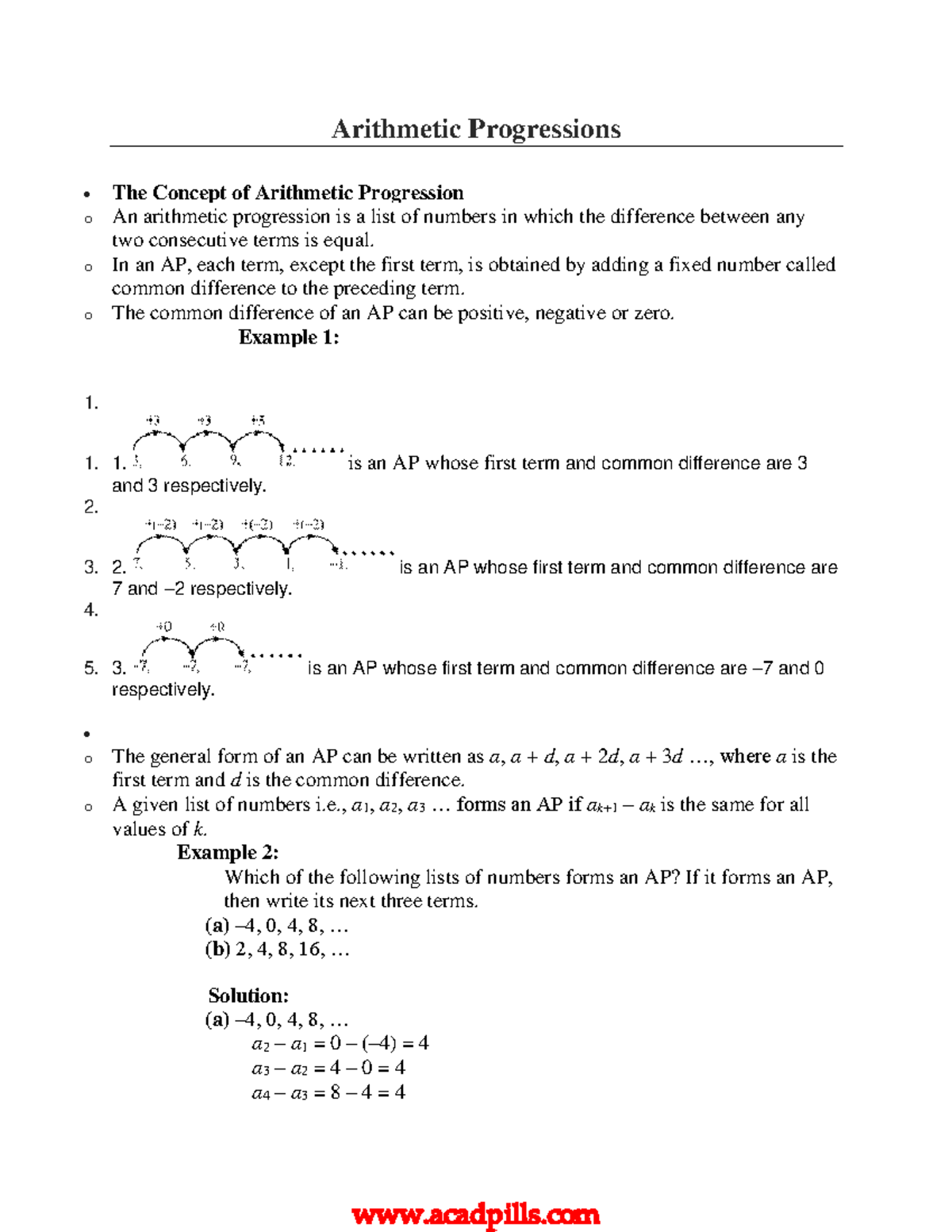 Arithmetic Progression Visit Acadpills - Arithmetic Progressions The Concept of Arithmetic - Studocu
