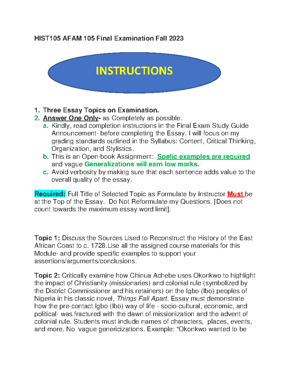HIST105 AFAM 105 Final Examination Fall 2023 - HIST105 AFAM 105 Final ...