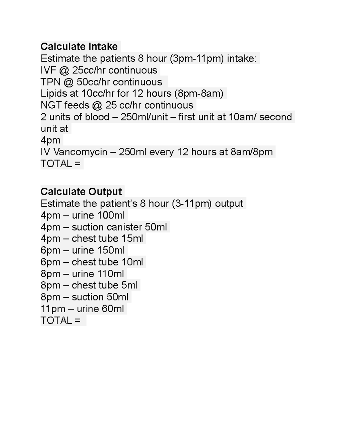Pediatric Calculate Intake mathematic sample - Calculate Intake ...
