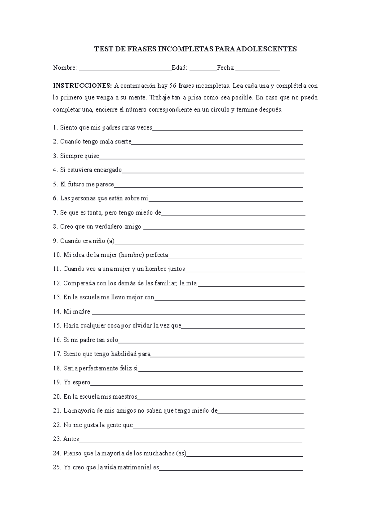 Test de Frase Incompletas de Sacks Adole - TEST DE FRASES INCOMPLETAS ...