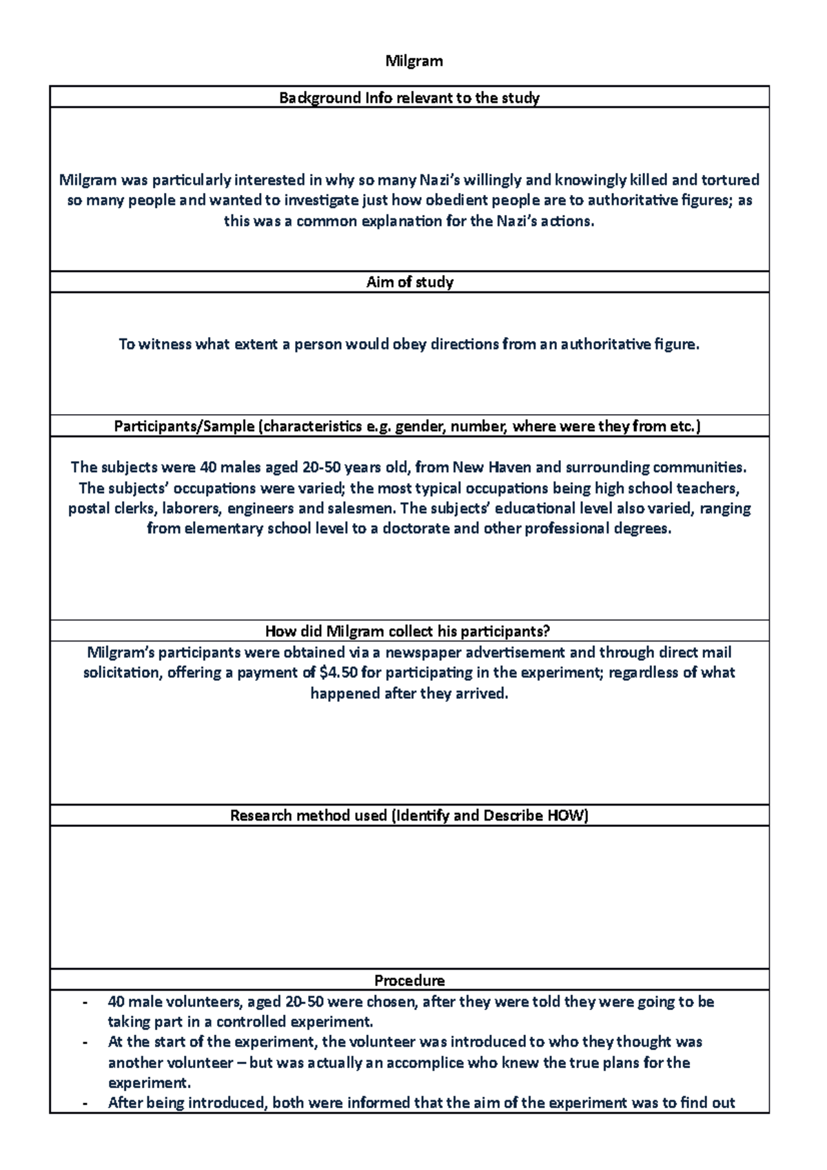 Fly Start - Milgram Summary Psych - Milgram Background Info relevant to ...