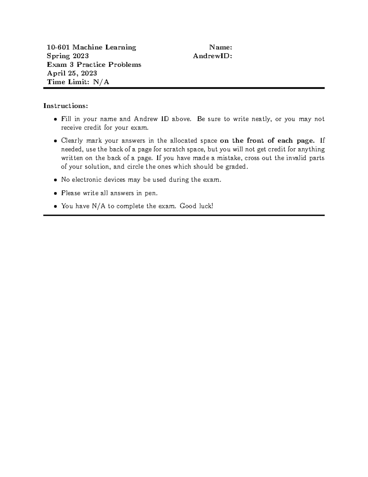 practice problems - 10-601 Machine Learning Name: Spring 2023 AndrewID ...