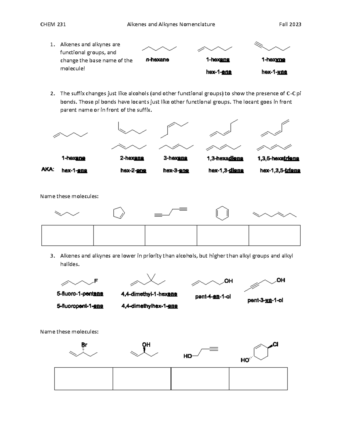 Alkene Iupac Worksheet - CHEM 231 Alkenes and Alkynes Nomenclature Fall ...