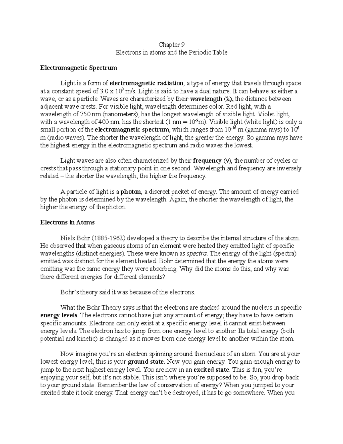 CHP 9 CHEM - lecture notes - Chapter 9 Electrons in atoms and the ...