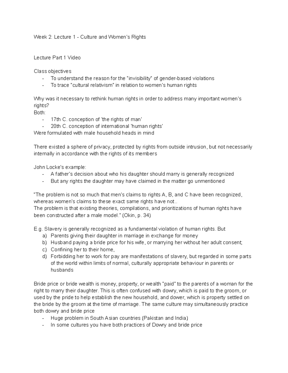 HUMR 3302A Week 2 - Week 2: Lecture 1 - Culture and Women’s Rights Lecture Part 1 Video Class ...